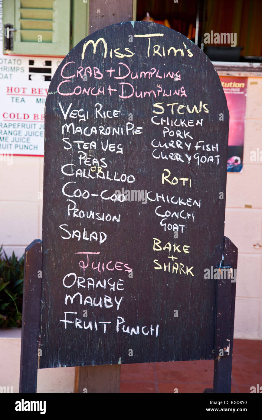 Local food menu at Miss Trim's Restaurant Shack in Store Bay on Tobago ...