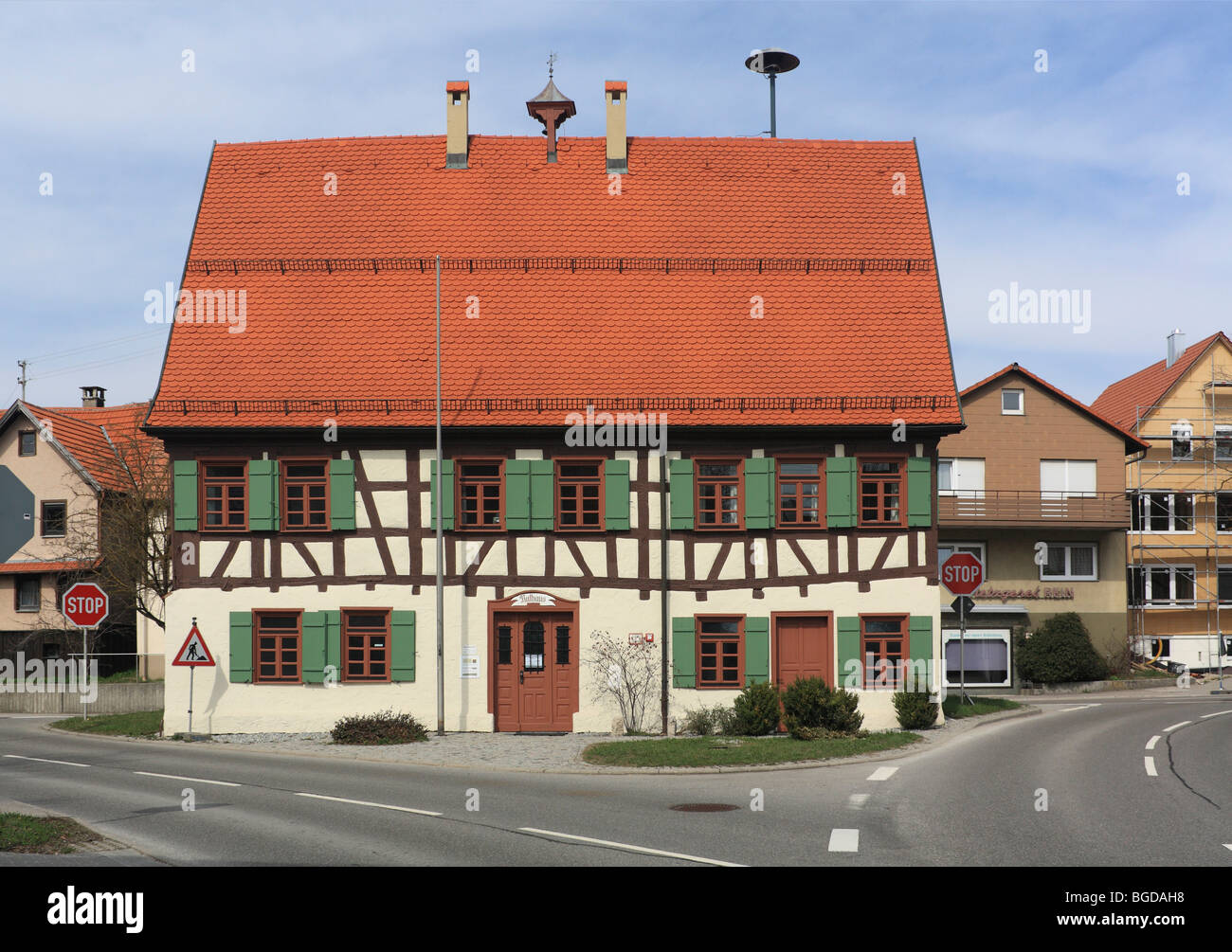 Town Hall, half timbered, Genkingen, Sonnenbuehl, Swabian Alb region ...