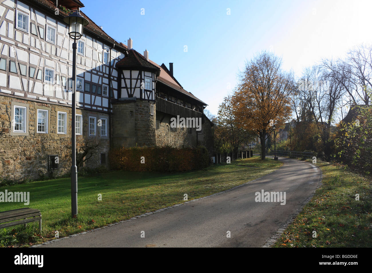 Oehringen city walls along the Ohrn River, Oehringen, Hohenlohe, Baden ...