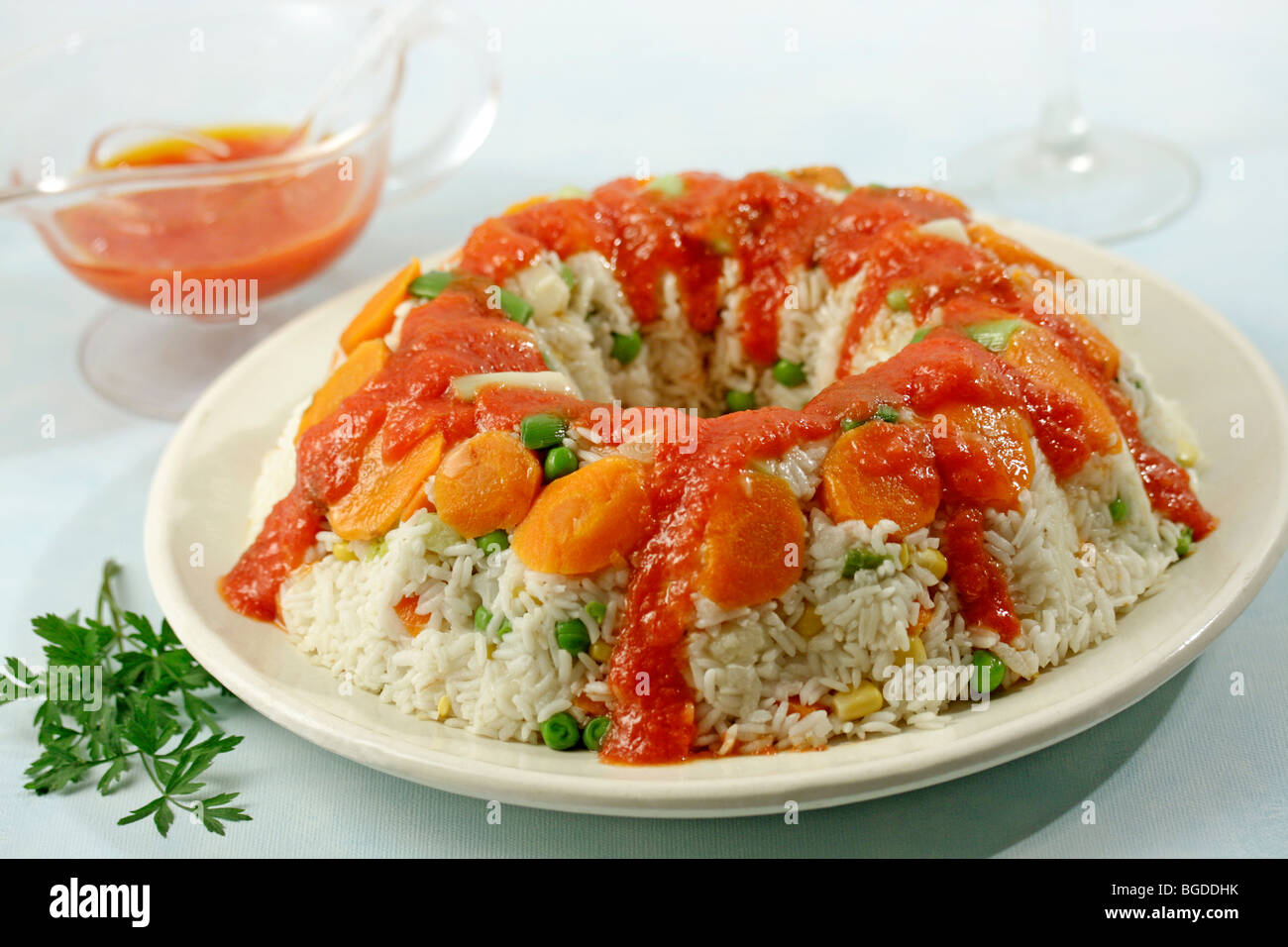 Rice crown with vegetables. Recipe available Stock Photo - Alamy