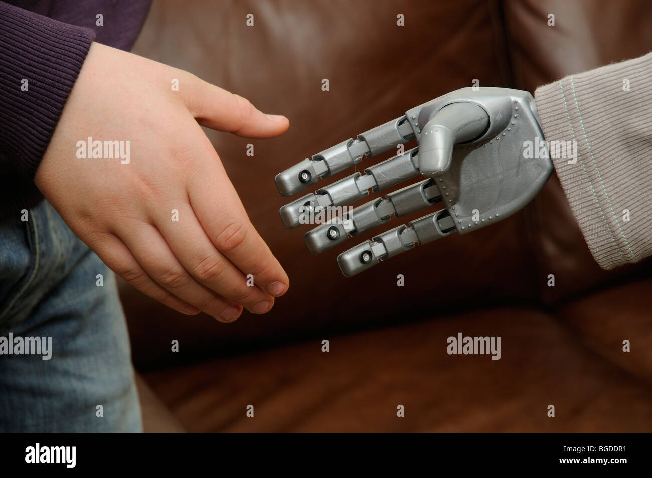 Human hand greeting and shaking hands with a bionic hand Stock Photo ...