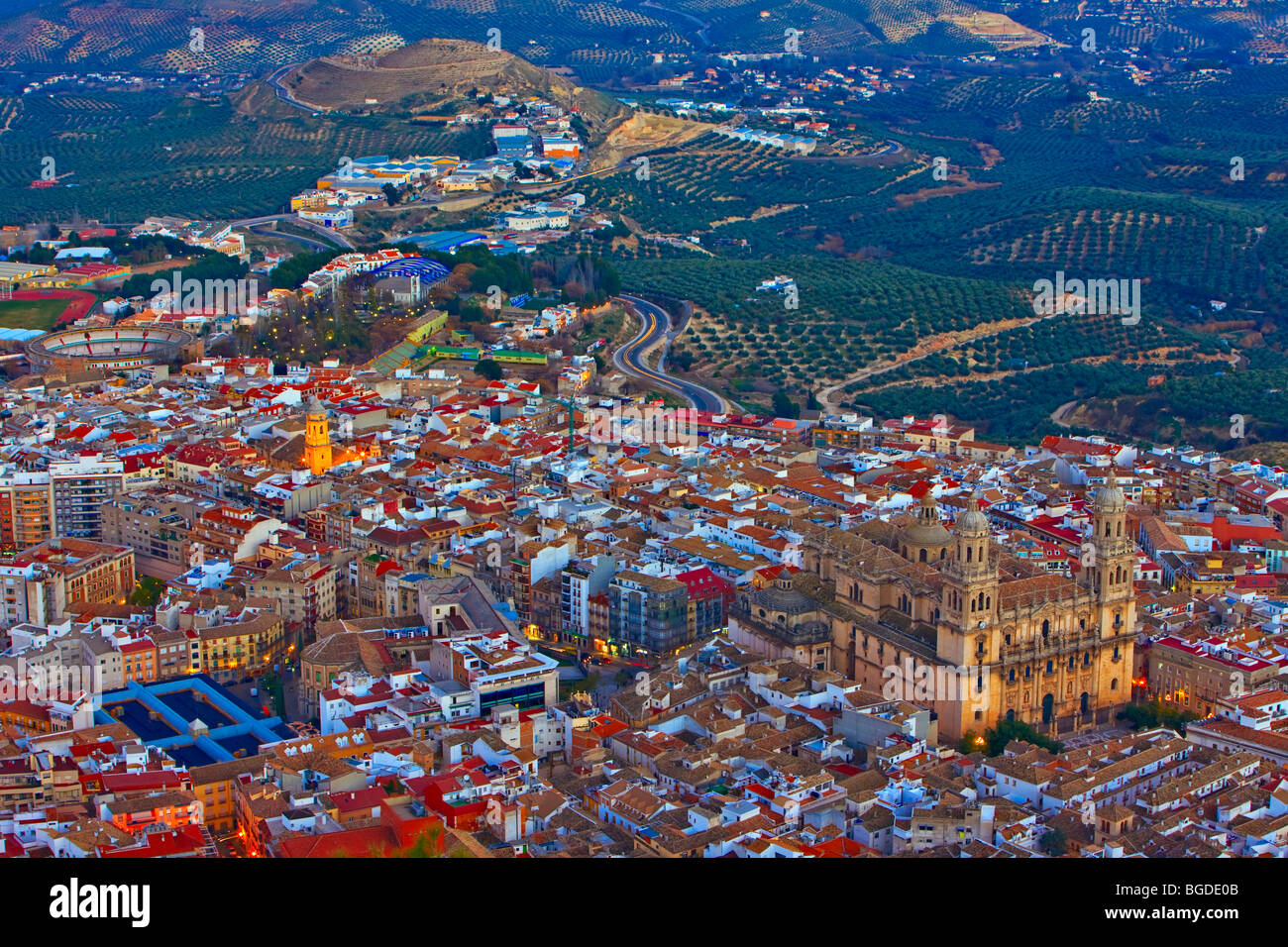 City of Jaen and Cathedral at dusk, Province of Jaen, Andalusia ...