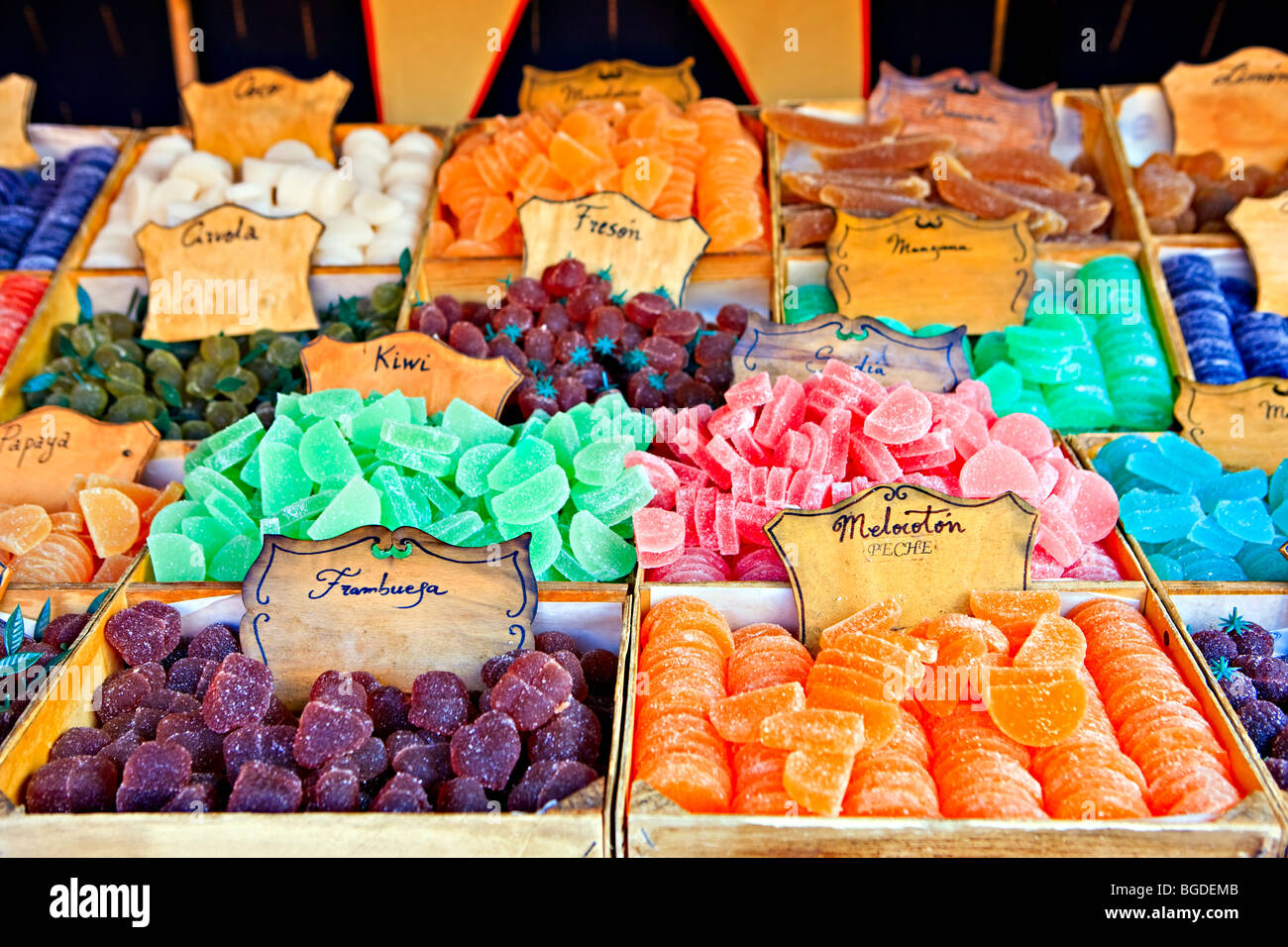 Selection of jelly and chocolate sweets at a market stall during a ...