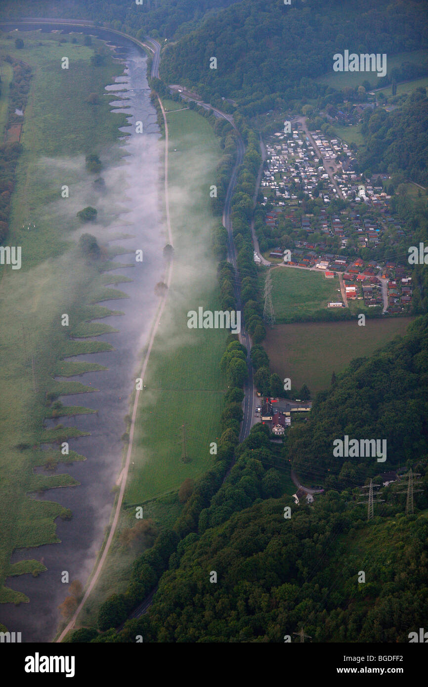 Aerial photo, Ruhr river, Ruhr river valley, morning fog, groynes ...