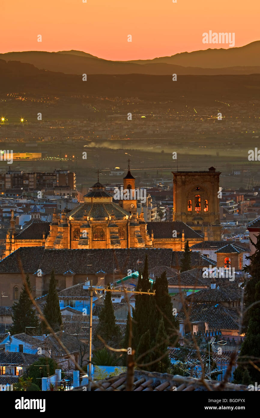 Granada Cathedral, 16th century, at dusk in the City of Granada ...