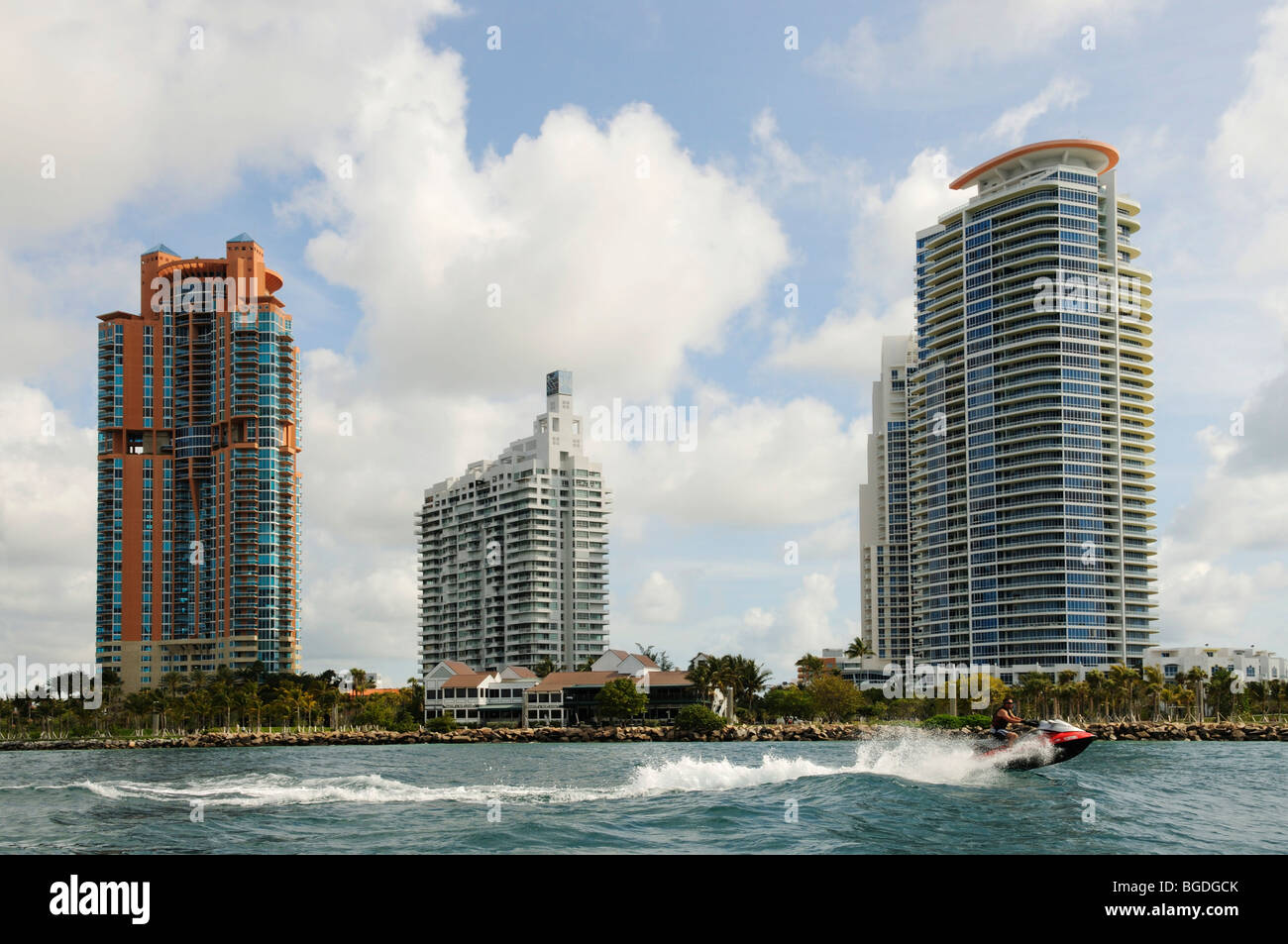 Waverunner or jet ski in front of South Pointe Park, Miami South Beach ...