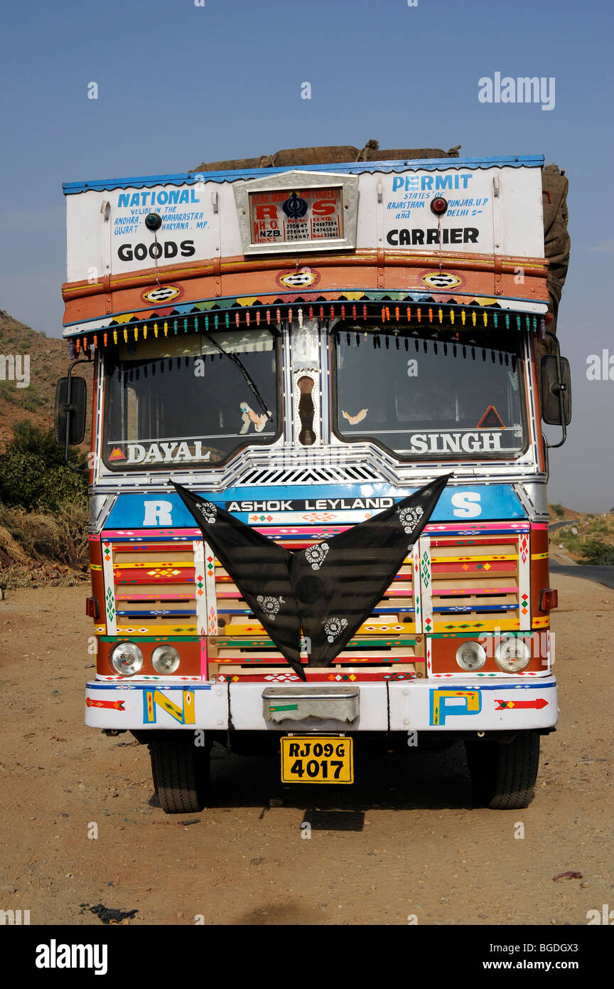 Brightly decorated front of an Indian truck, Rajasthan, North India ...