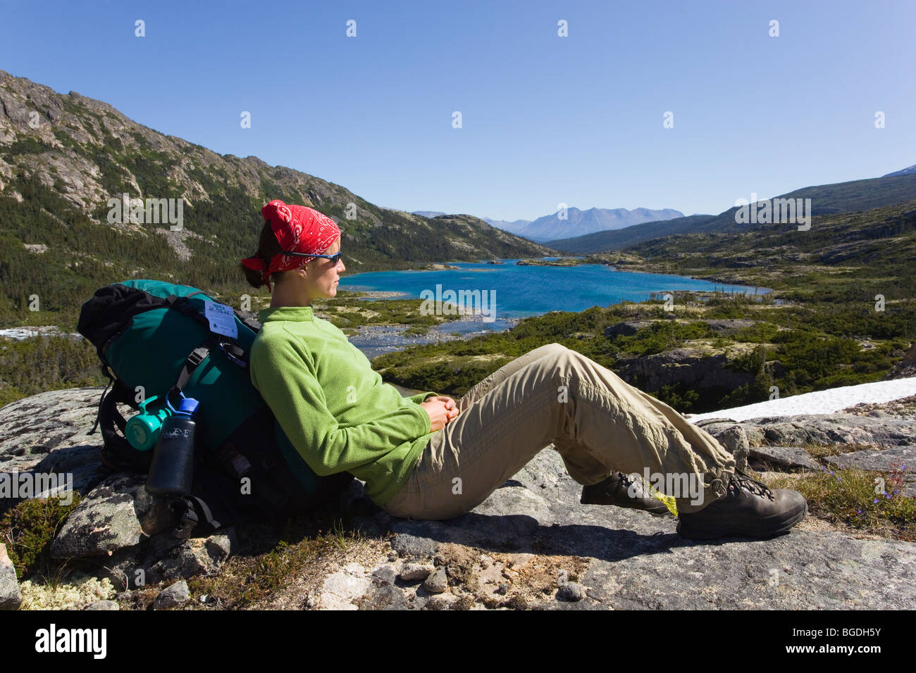 Young woman, hiker, backpacker resting, enjoining panorama over Deep ...