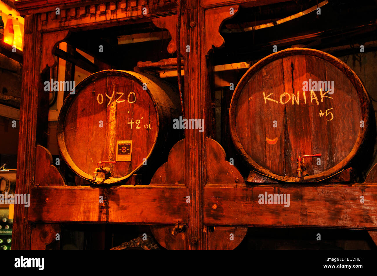 Brettos Bar, ouzo and cognac barrels, Plaka, Athens, Greece, Europe ...