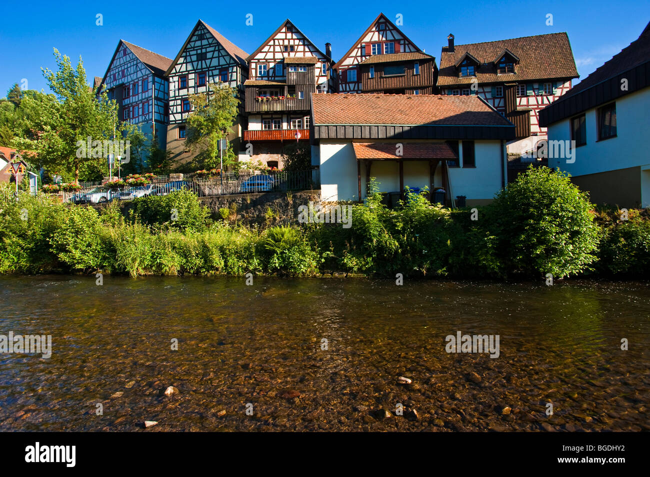 City view with the Kinzig river, Schiltach, Black Forest, Baden ...
