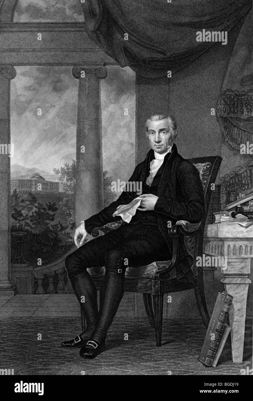 James Monroe, fifth President of USA , seated, at White House; view of ...