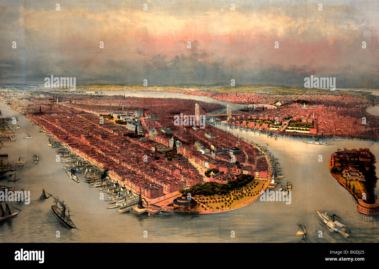 Bird's-eye view of New York showing the waterfront, Brooklyn Bridge ...