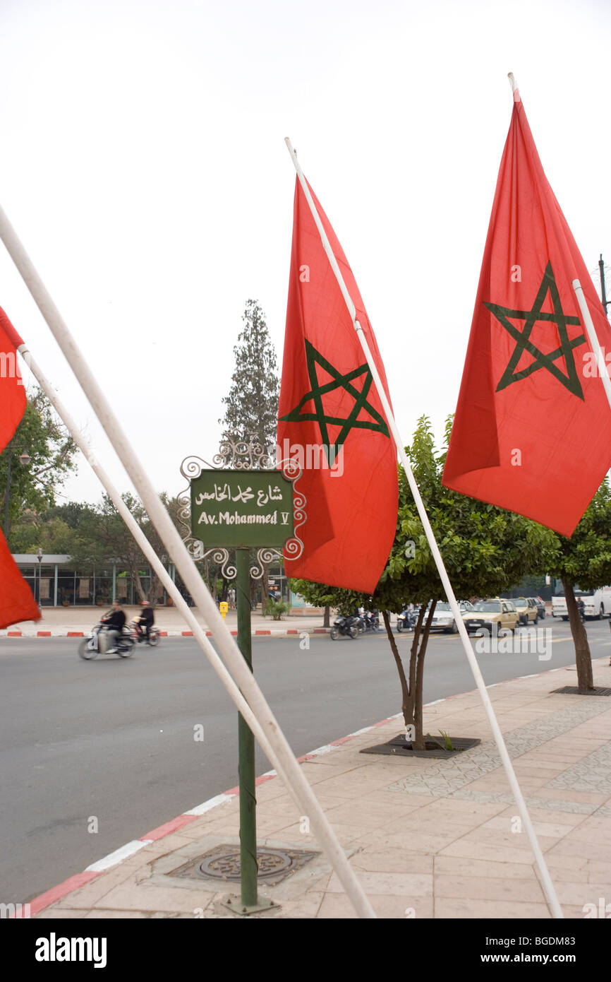 Moroccan flags in central Marrakech on Avenue Mohamed V Stock Photo - Alamy