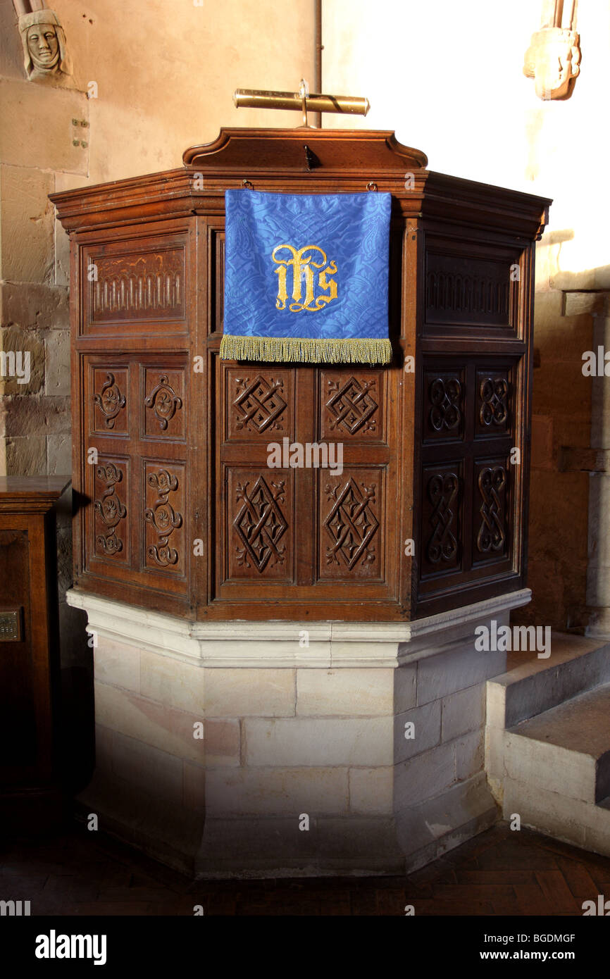 This finely crafted oak pulpit of St Mary`s Church in Acton Burnell ...
