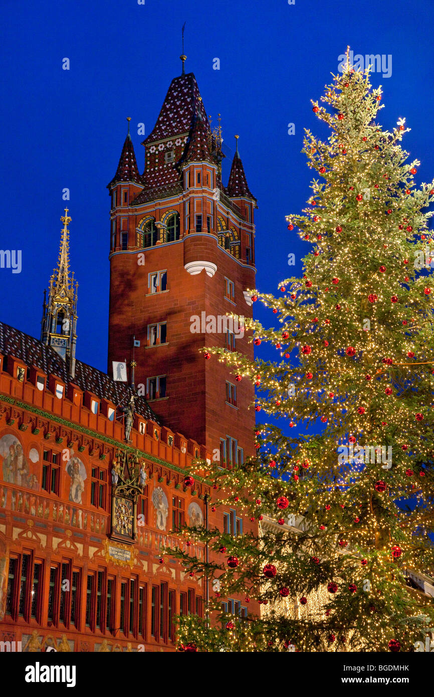 Basel red town hall at night with christmas tree in marketplatz, Basel ...