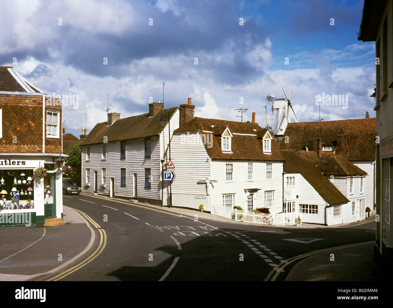UK, England, Kent, Cranbrook Village with Smock Windmill in distance ...
