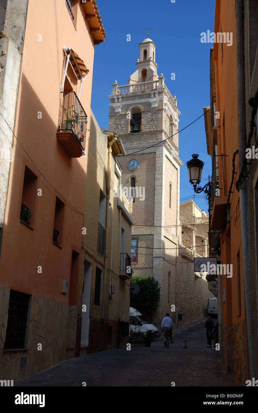 street scene and church in the mountain village of Relleu, Alicante ...