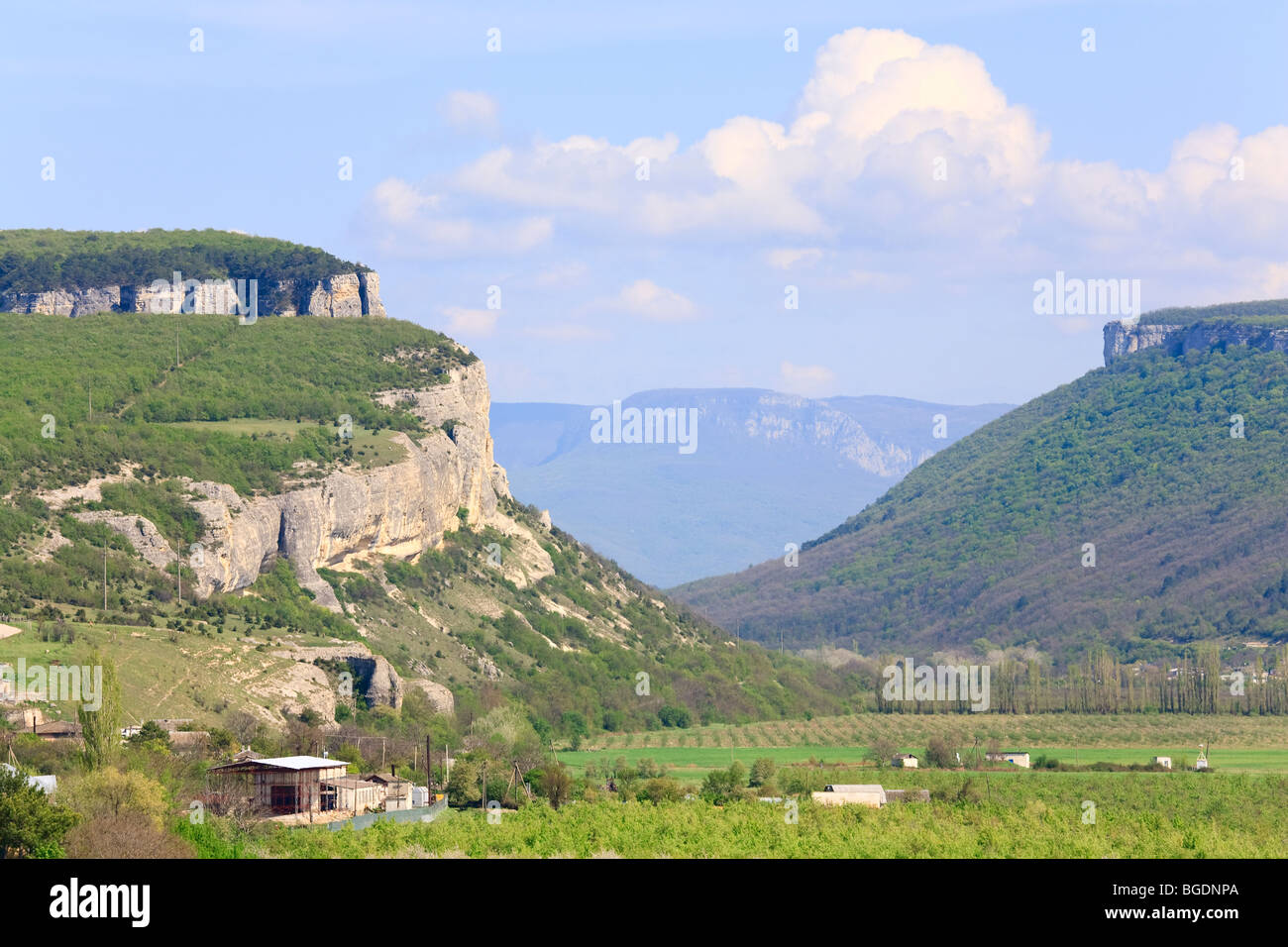 Spring Crimea Mountain country landscape with valley and village ...