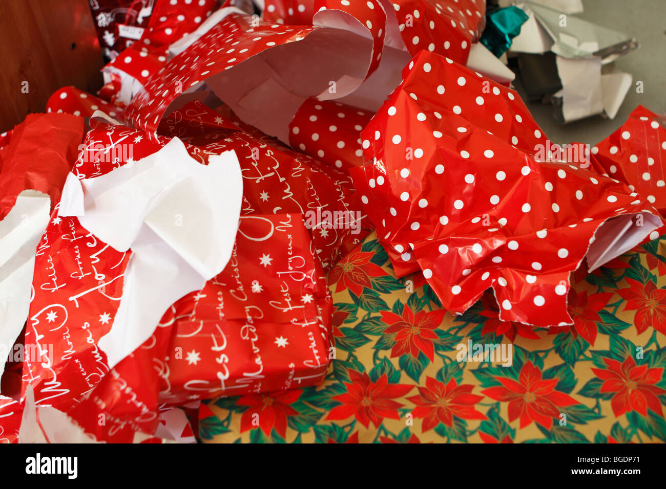 Discarded wrapping paper after opening Christmas presents on Christmas ...