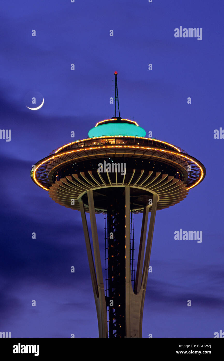Space Needle up close with crescent moon in background Stock Photo - Alamy