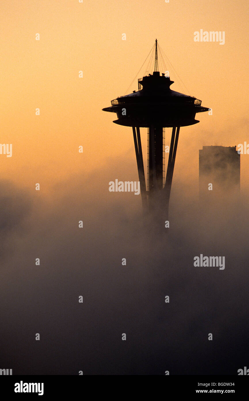 Downtown Seattle in fog with Space Needle and hi-rise Stock Photo - Alamy