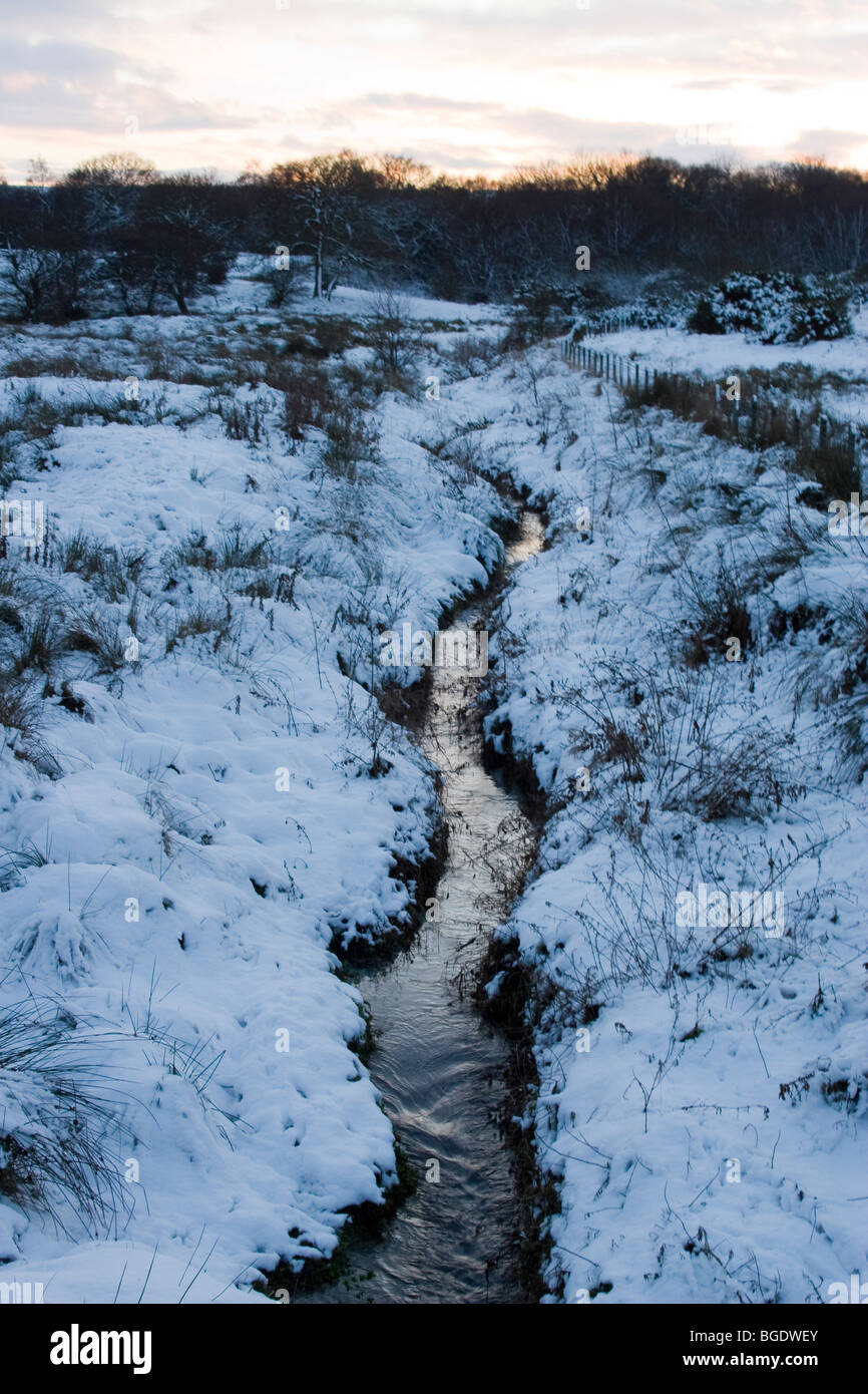 Stream running through snow Stock Photo - Alamy