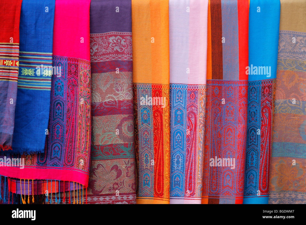 Colorful silks on display in Laos Stock Photo - Alamy