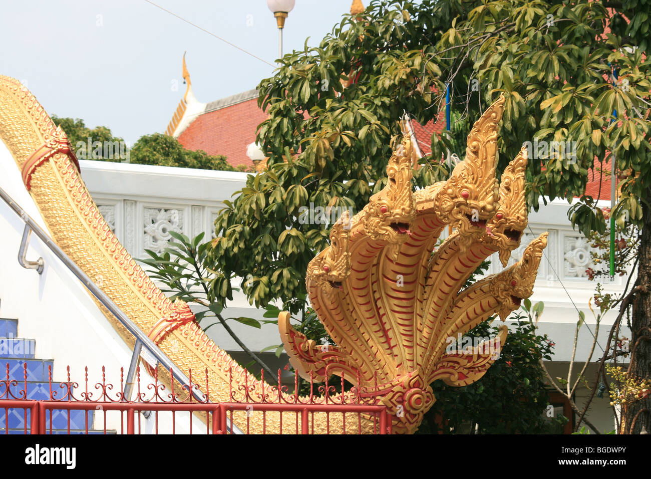 Snake statue at the entrance of a Buddhist temple in Bangkok, Thailand ...