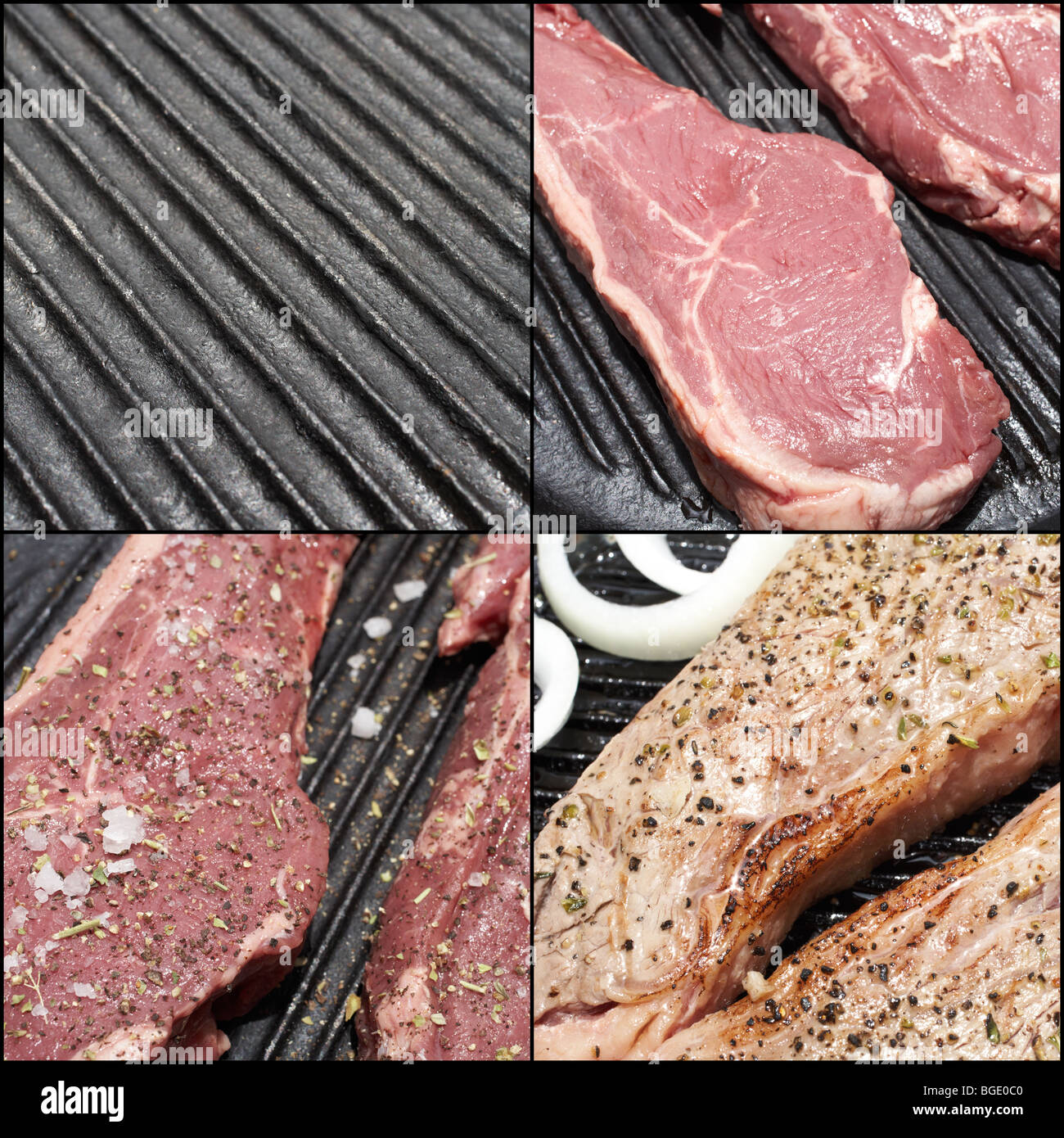 A combination image of the steps to prepare the perfect steak dinner ...