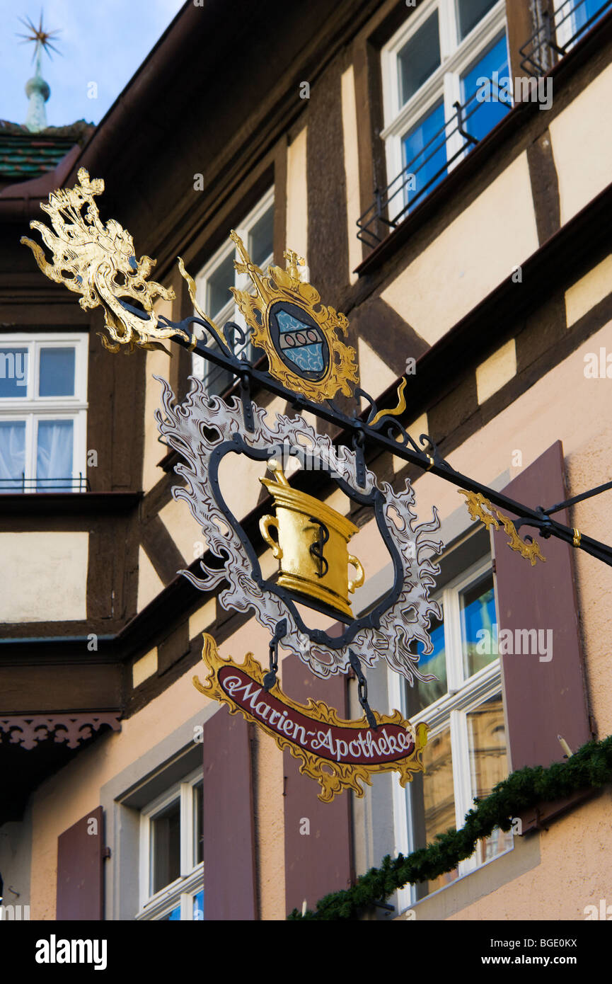 Shop sign in the historic city centre, Rothenburg ob der Tauber ...