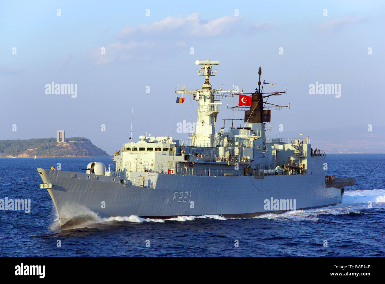 Military navy frigate ship F221 Regele Ferdinand at sea in Dardanelles ...