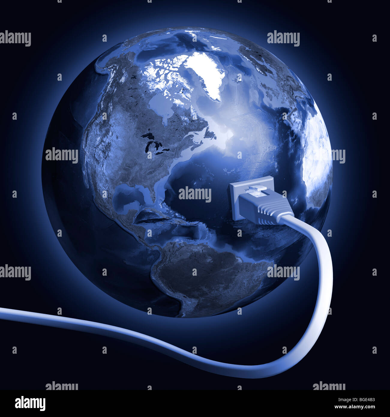 Network cable plugged into the Earth globe. Conceptual 3D illustration ...