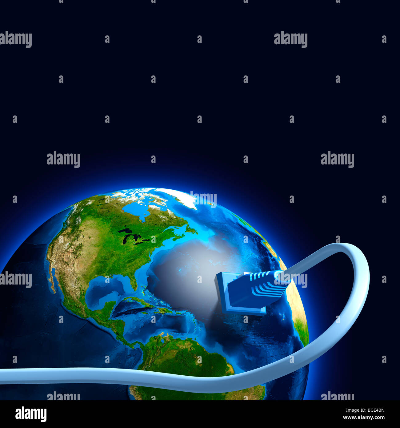 Network cable plugged into the Earth globe. Conceptual 3D illustration ...