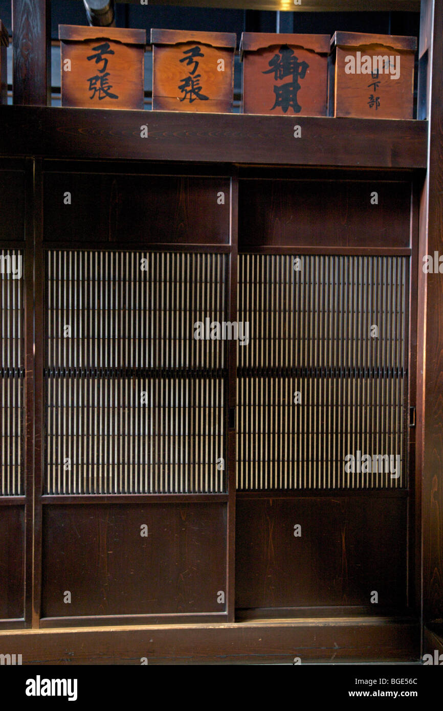 Sliding door of store in historic Sanmachi District of Takayama City ...
