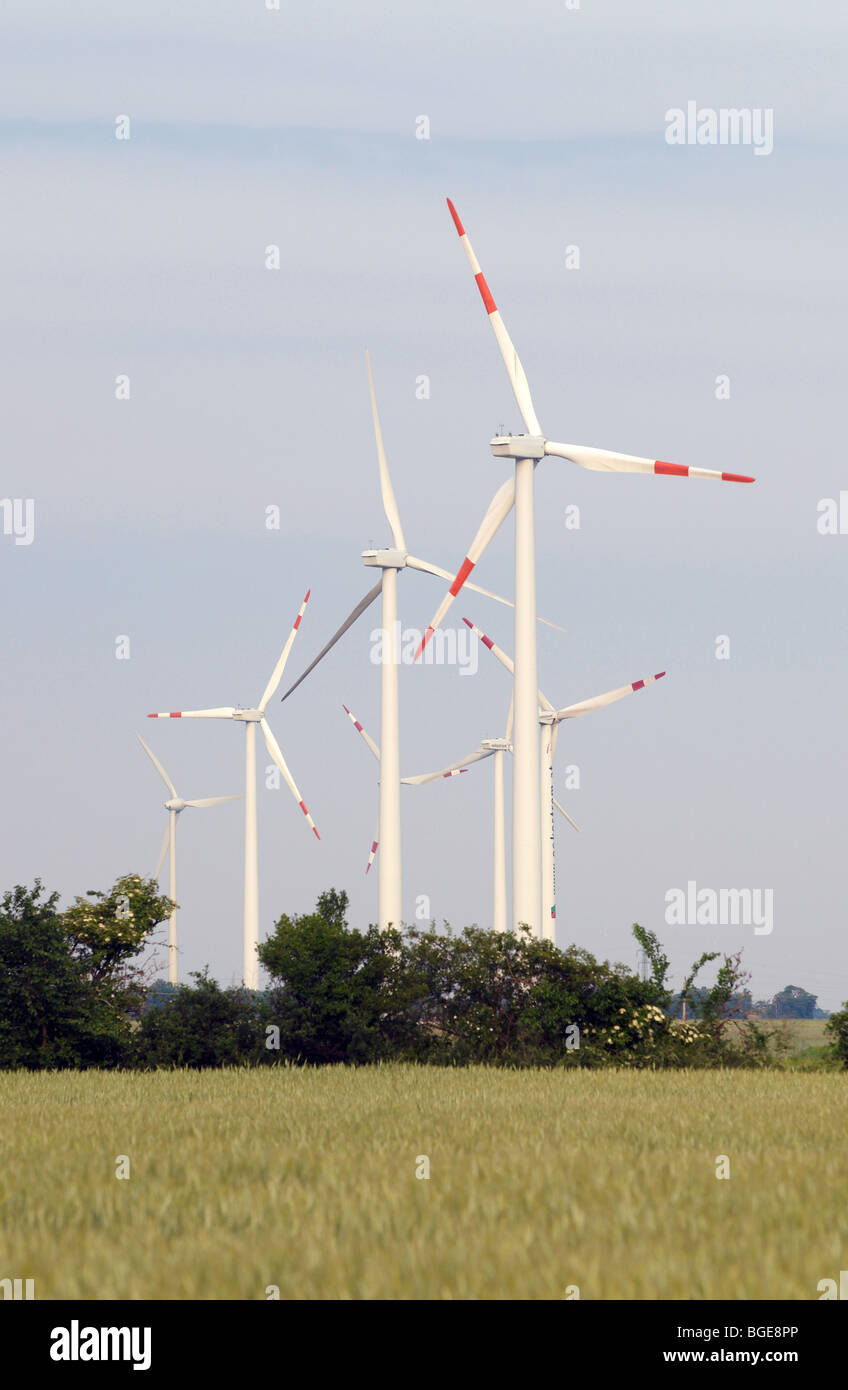 Wind generators in an open field on cloudy day Stock Photo - Alamy