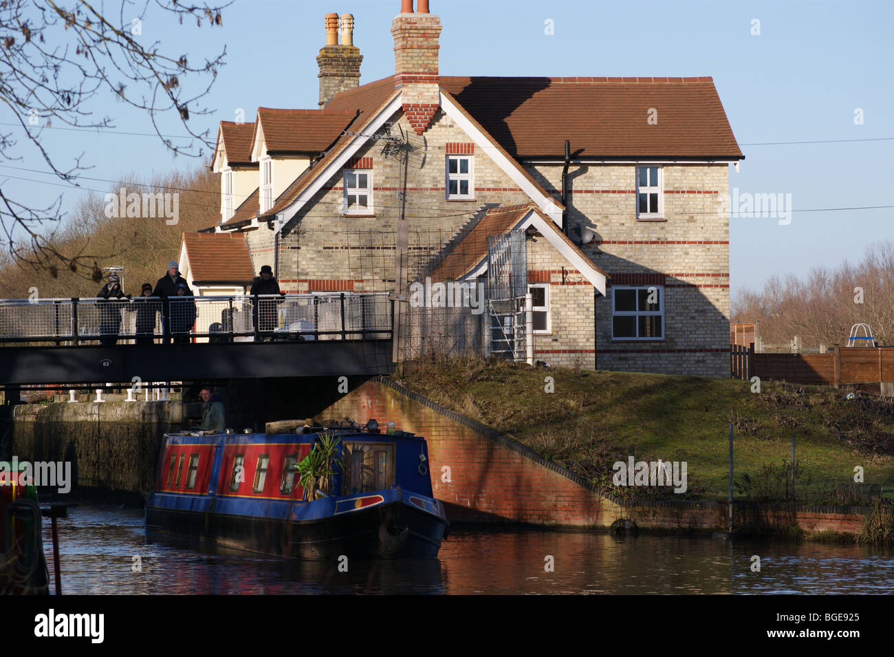 Narrowboat at Hardmead Lock, River Lea navigation, Ware, Hertfordshire ...