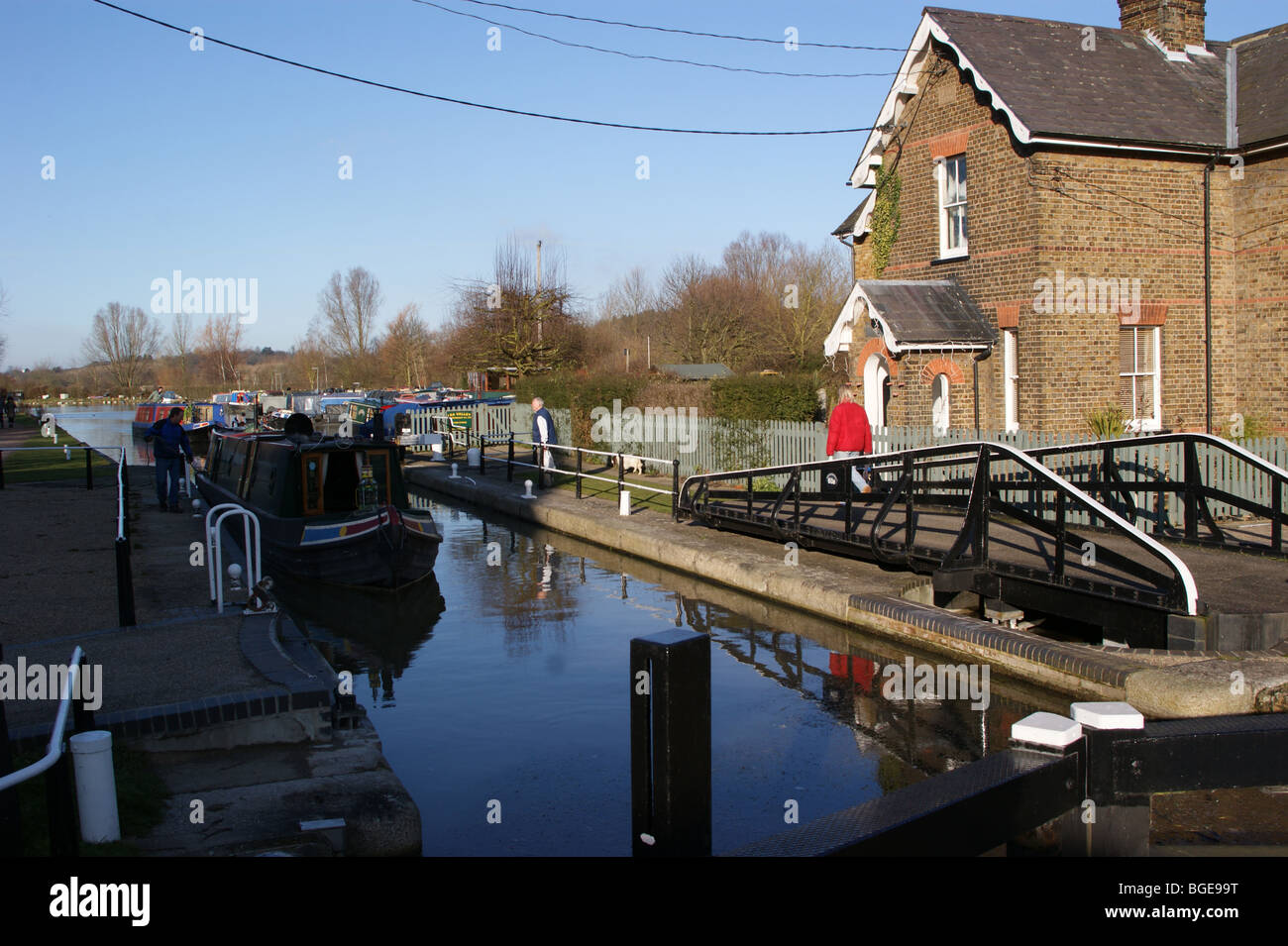 Narrowboats enter Stanstead Lock, River Lea navigation, Ware ...