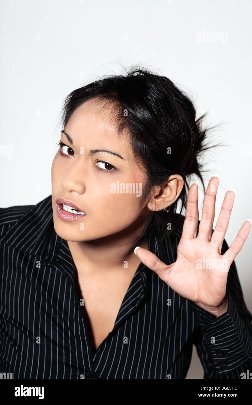 studio shot portrait cute funny young expressive women asian working ...