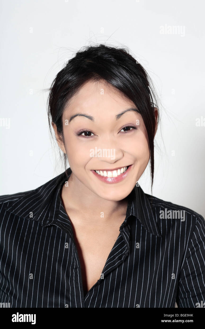 studio shot portrait cute funny young expressive women asian happy ...