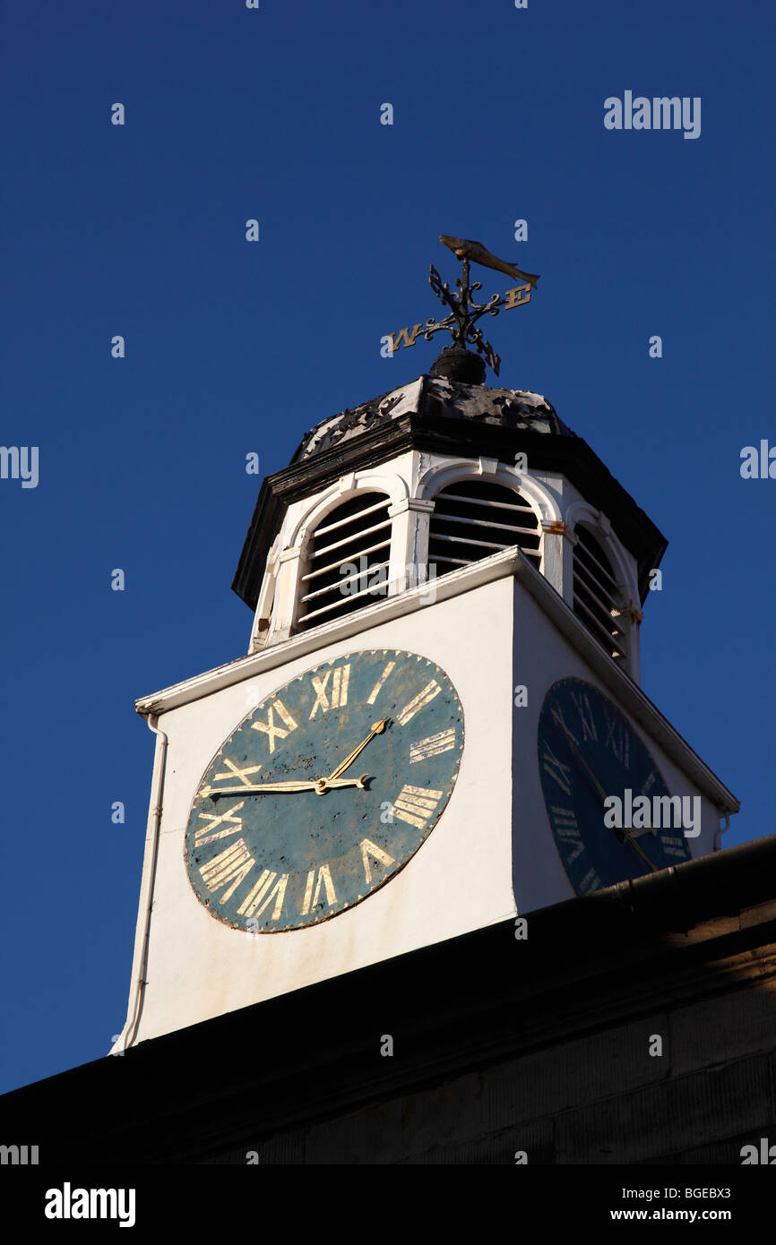 The clock tower on the former fish market building in the historic town ...