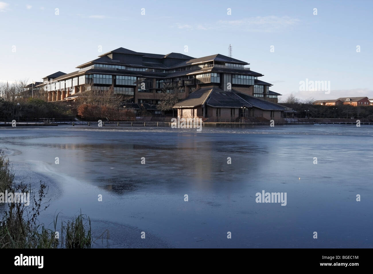 County Hall and the Bute Dock frozen over, Cardiff Bay Wales Stock ...