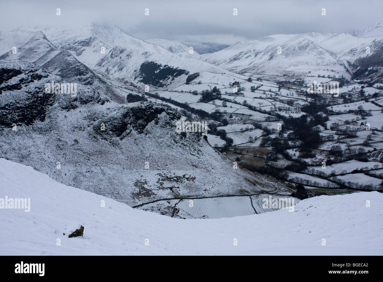 cat bells summit view cumbria lake district winter snow england uk gb ...