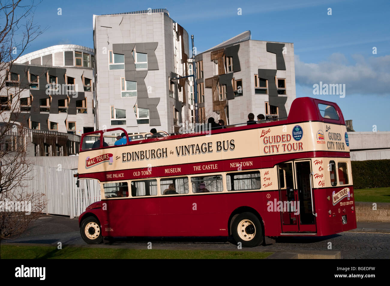 Scottish Parliament, tourist guided city tour on open top vintage bus ...