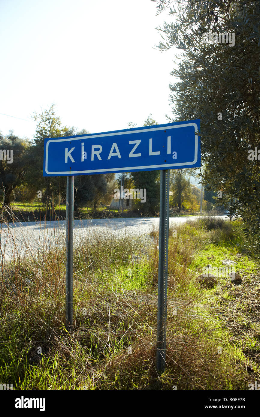 The road sign for the small Turkish Village of Kirazli in Aydin, Turkey ...
