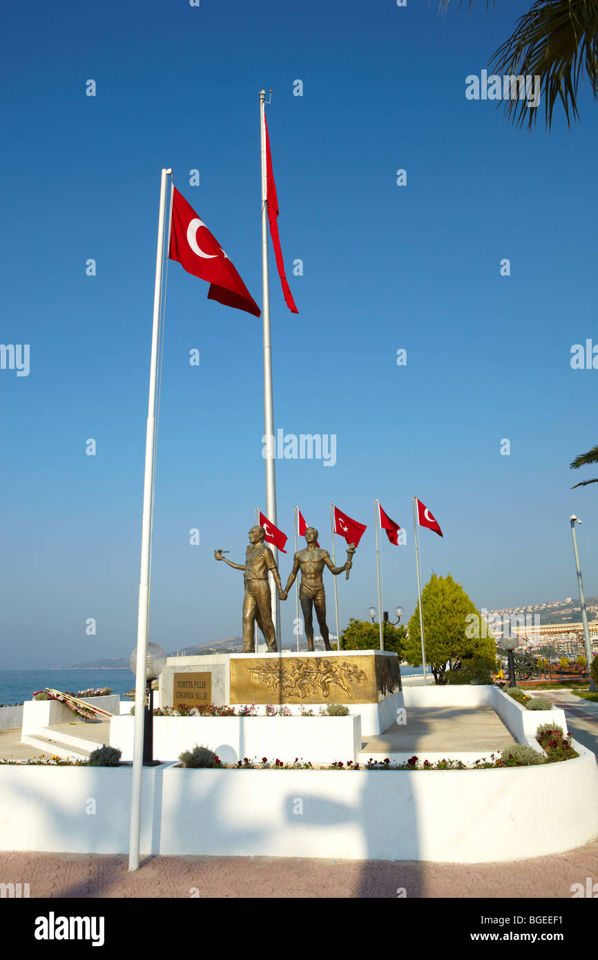 Monument of Ataturk and Youth, Kusadasi, Turkey with Turkish flags in ...