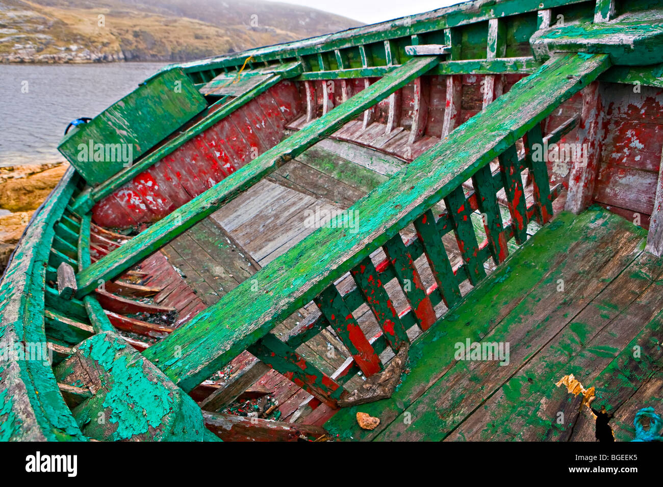 Stern of an old fishing boat hauled out on the shore at Battle Harbour ...