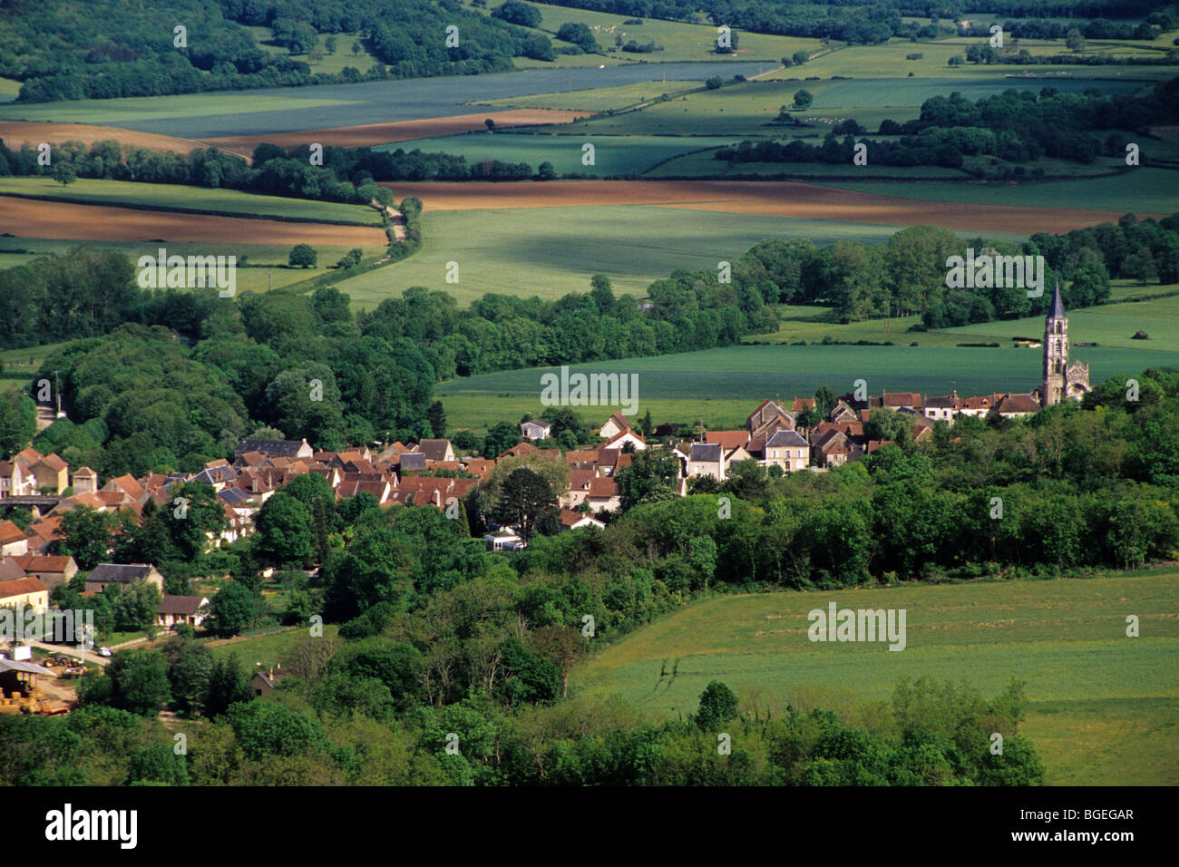 Rural scene in the French countryside in Burgundy. Villages dot the ...