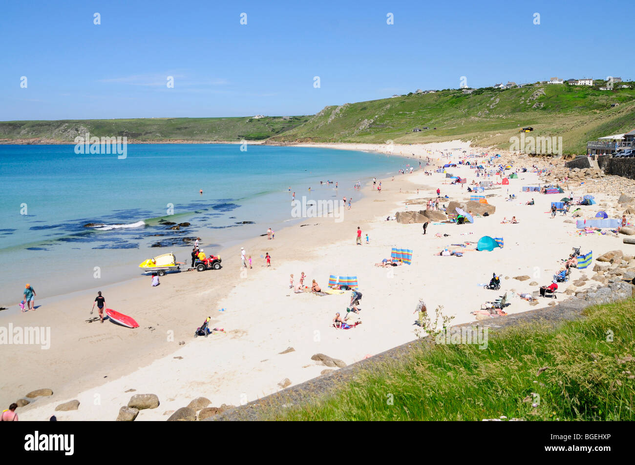 Sunbathers on Sennen Beach, Cornwall, England, UK Stock Photo - Alamy