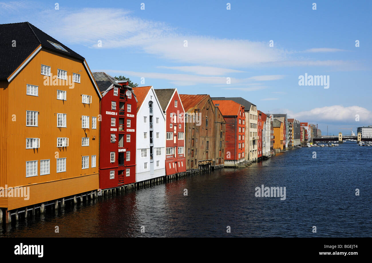 The river front in Trondheim, Norway in full sunshine during the summer ...
