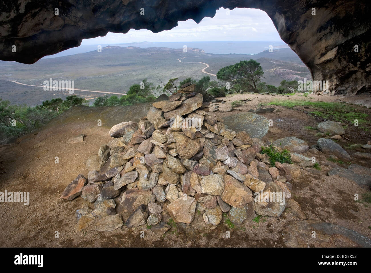 A cairn in the cave (caused by sea erosion) at the top of Frenchmans ...